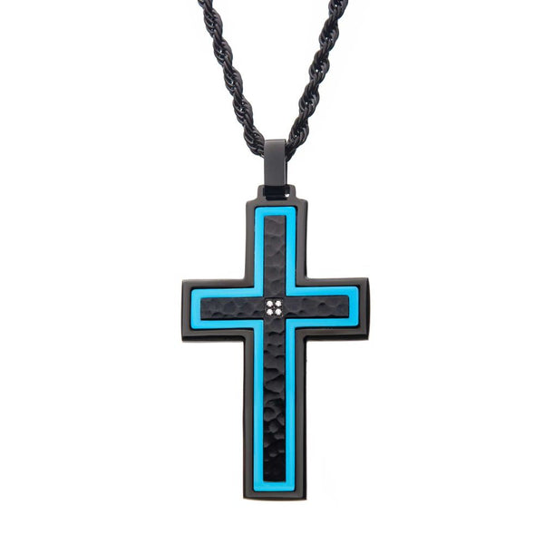 Stainless Steel Hammered Blue Line Cross with CZ Pendant Necklace ...
